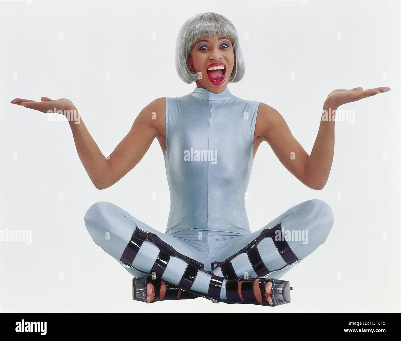 Woman, laugh young, suit, wig, silver, cross legged, gesture, Future ...