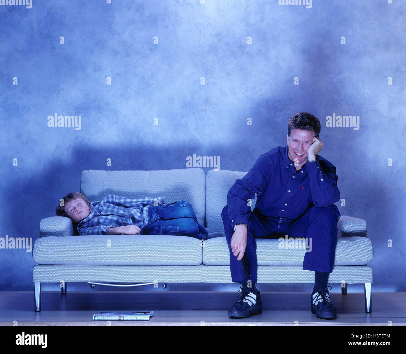 Father, son, couch, television, man, laugh, amuse, amuses ...