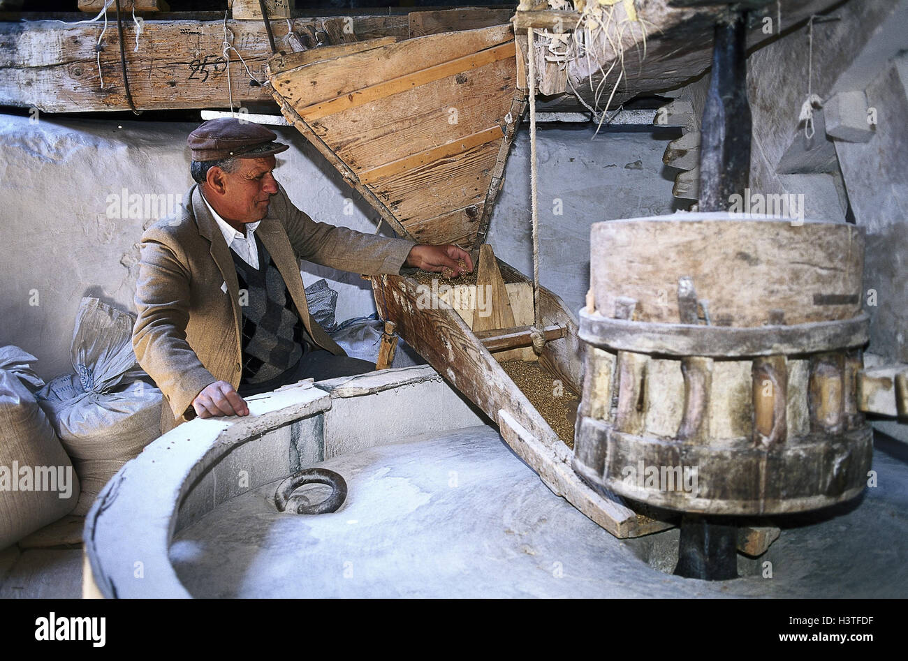 Greece, island Fondling, windmill, inside, Müller, meal opus, grain ...