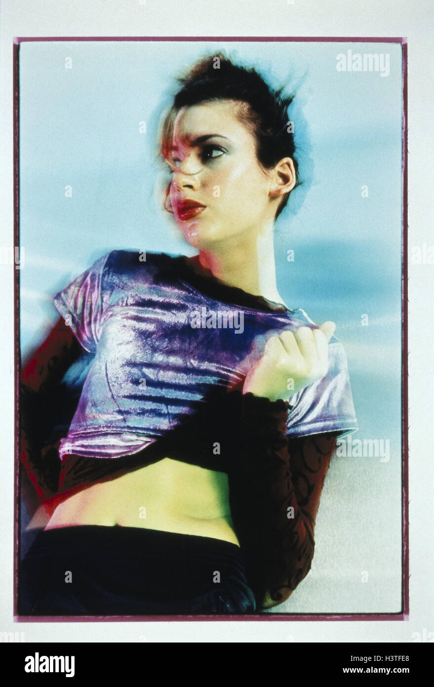 Girls, teenagers, seriously, T-shirt, gesture, bare midriff, half ...