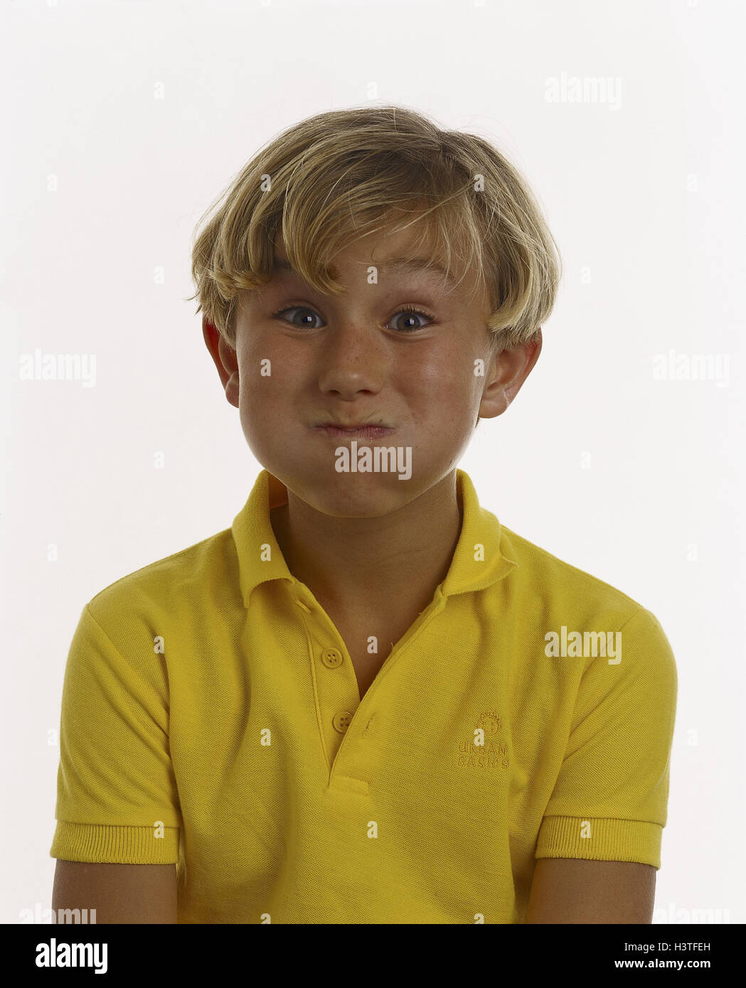 Boy, blond, T-shirt, yellow, facial play, grimace, portrait, Children ...