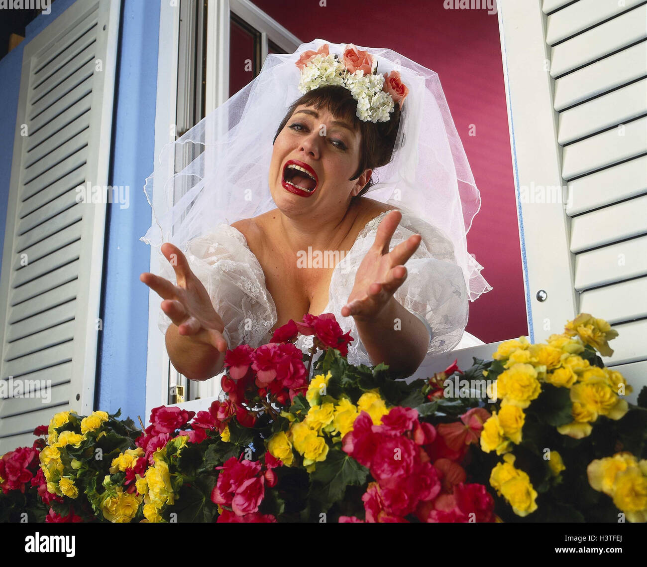Windows, floral decoration, bride, gesture, wait, desperation Heavy ...