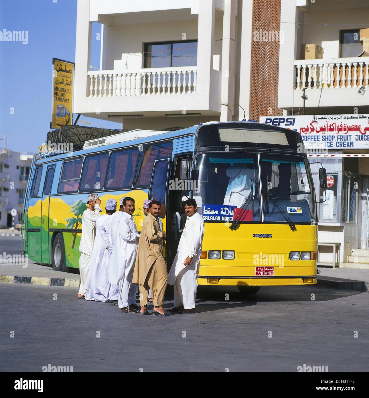 Oman, Salalah, street scene, bus, men, Arabia, Arabian peninsula ...
