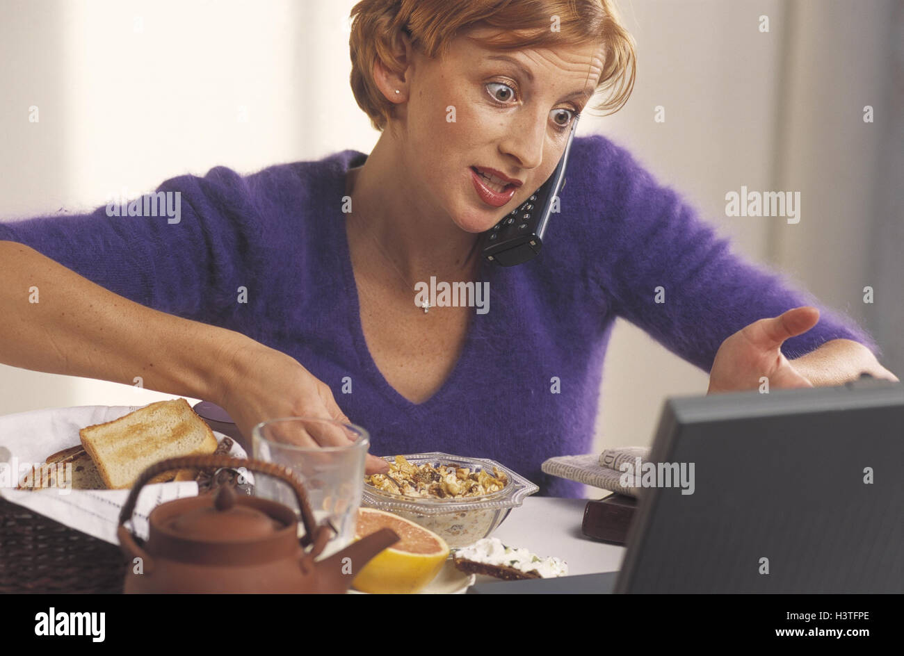 Businesswoman, laptop, breakfast, call up, gesture, stress inside, home ...