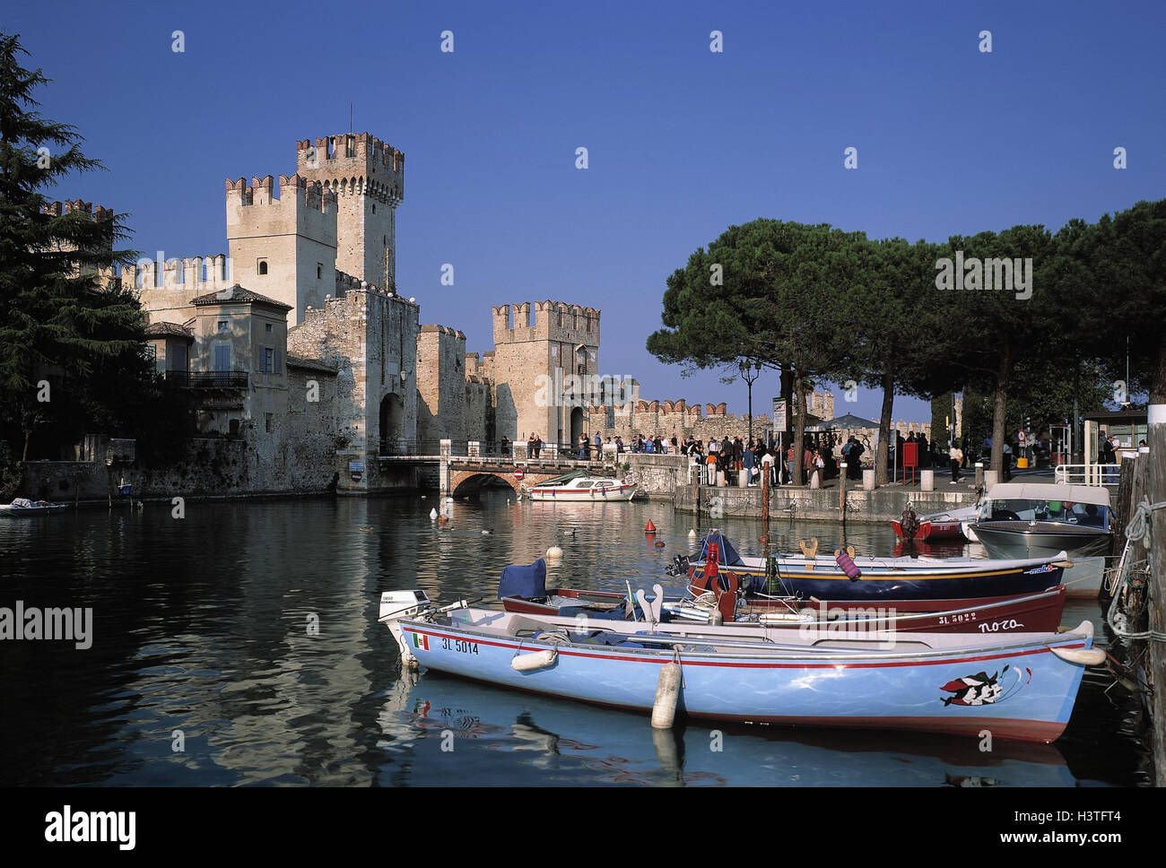 Italy, Gardasee, Sirmione, Scaliger, castle, harbour, boots, castle ...