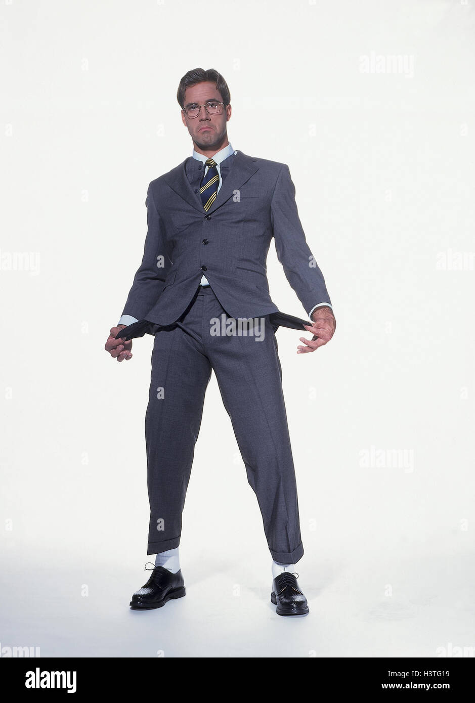 Man, young, facial play, suit, closely, gesture, trouser pockets, point ...