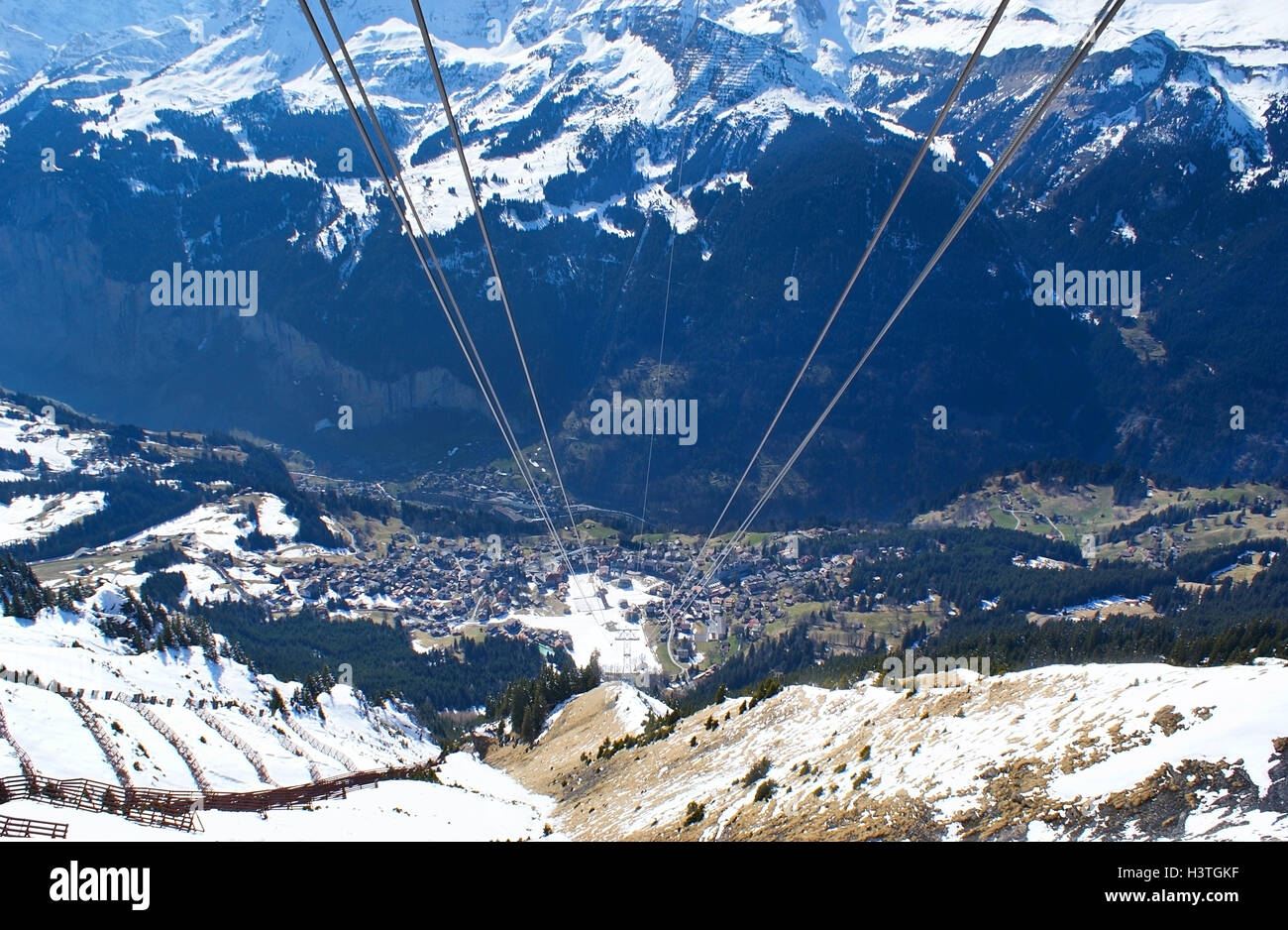 The view of the steep slope of Mount Mannlichen from the cabine of the ...