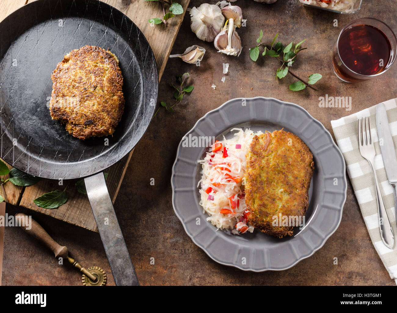 Potato pancakes with coleslaw, place for your advertising Stock Photo ...