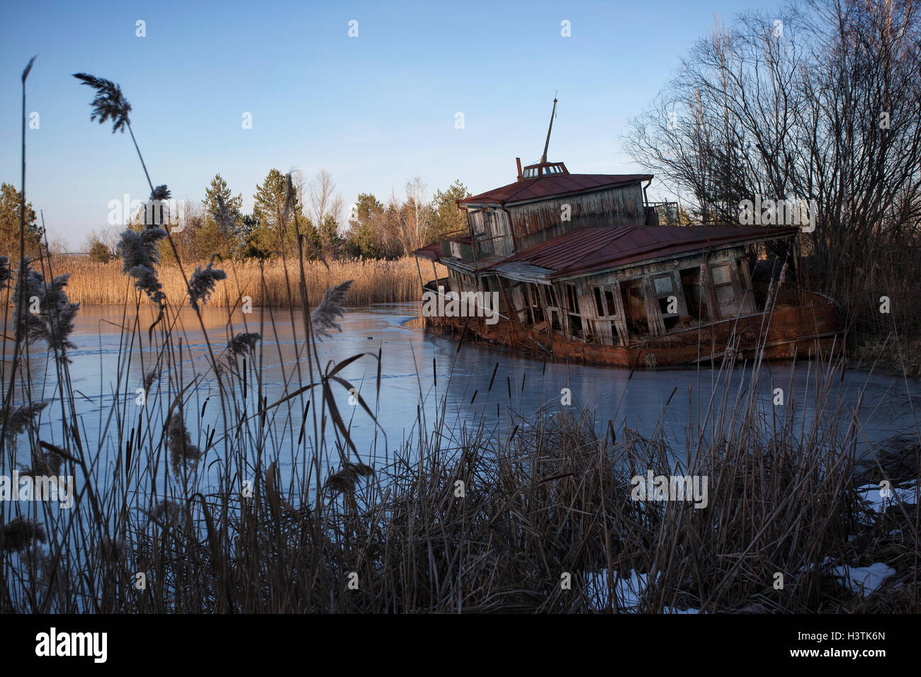 Abandoned shipwreck on the banks of the Pripyat River after the ...
