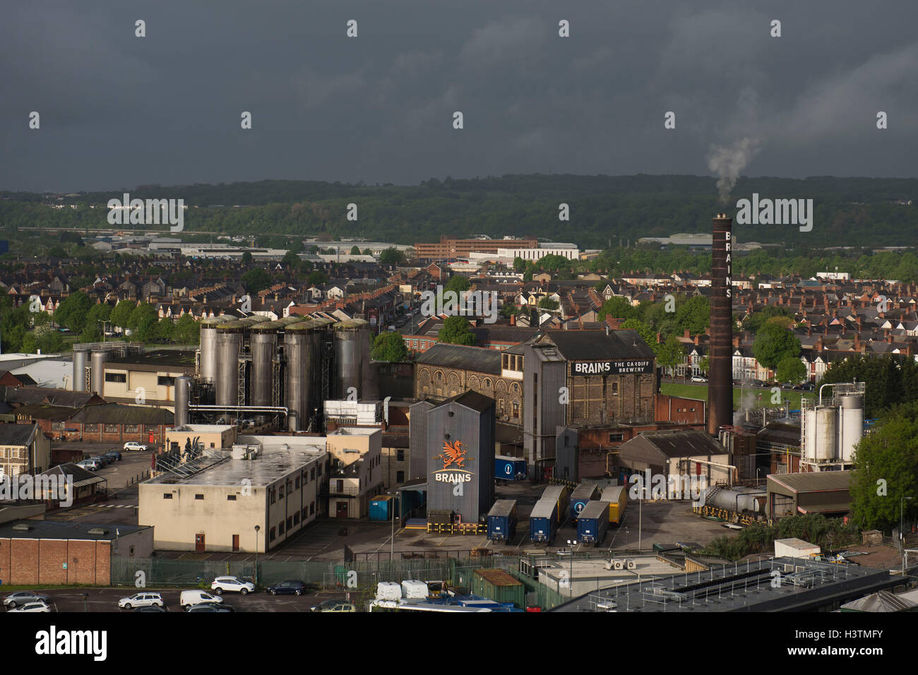 General aerial view of Brains Brewery in Cardiff, South Wales Stock ...