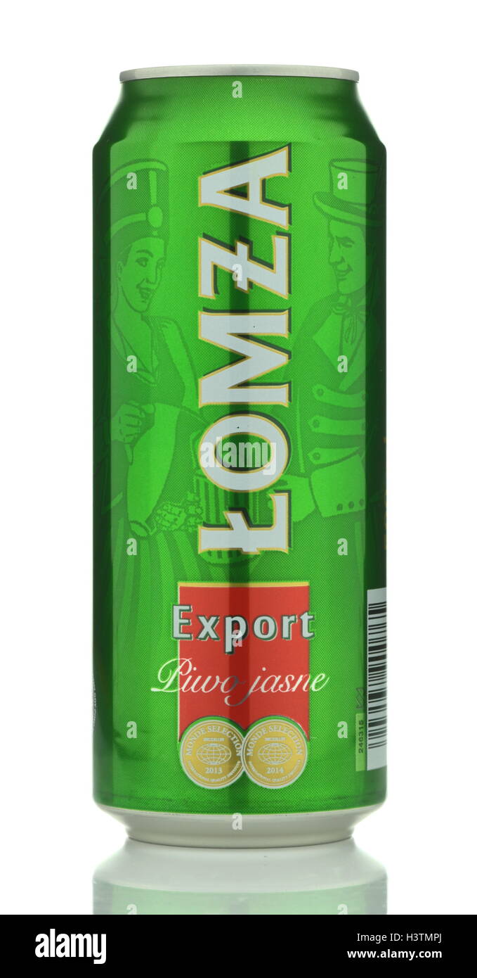 Lomza unpasteurized lager beer isolated on white background. Lomza ...