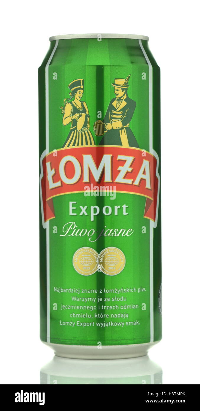 Lomza unpasteurized lager beer isolated on white background. Lomza ...