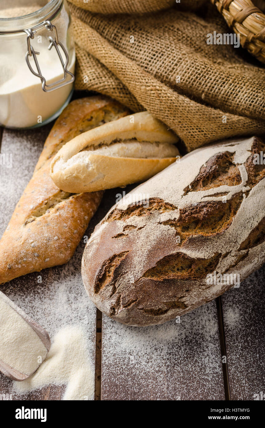 Fresh Farmer rustic style bread with pastry, baked in oven from leaven ...