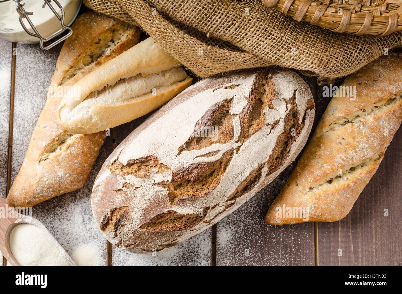 Fresh Farmer rustic style bread with pastry, baked in oven from leaven ...