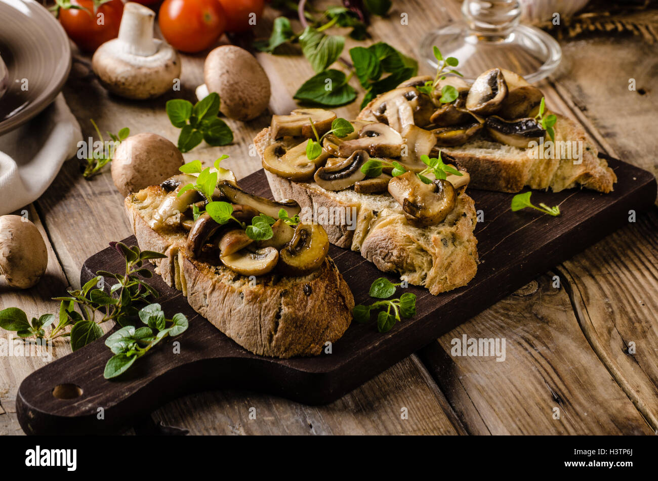 Rustic Toast bread with garlic, mushrooms and herbs, rustic styled ...