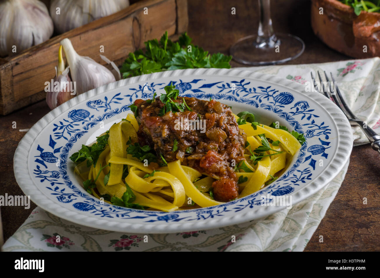Italian pasta with beef stew, rustic food, lots of delicious flavours ...