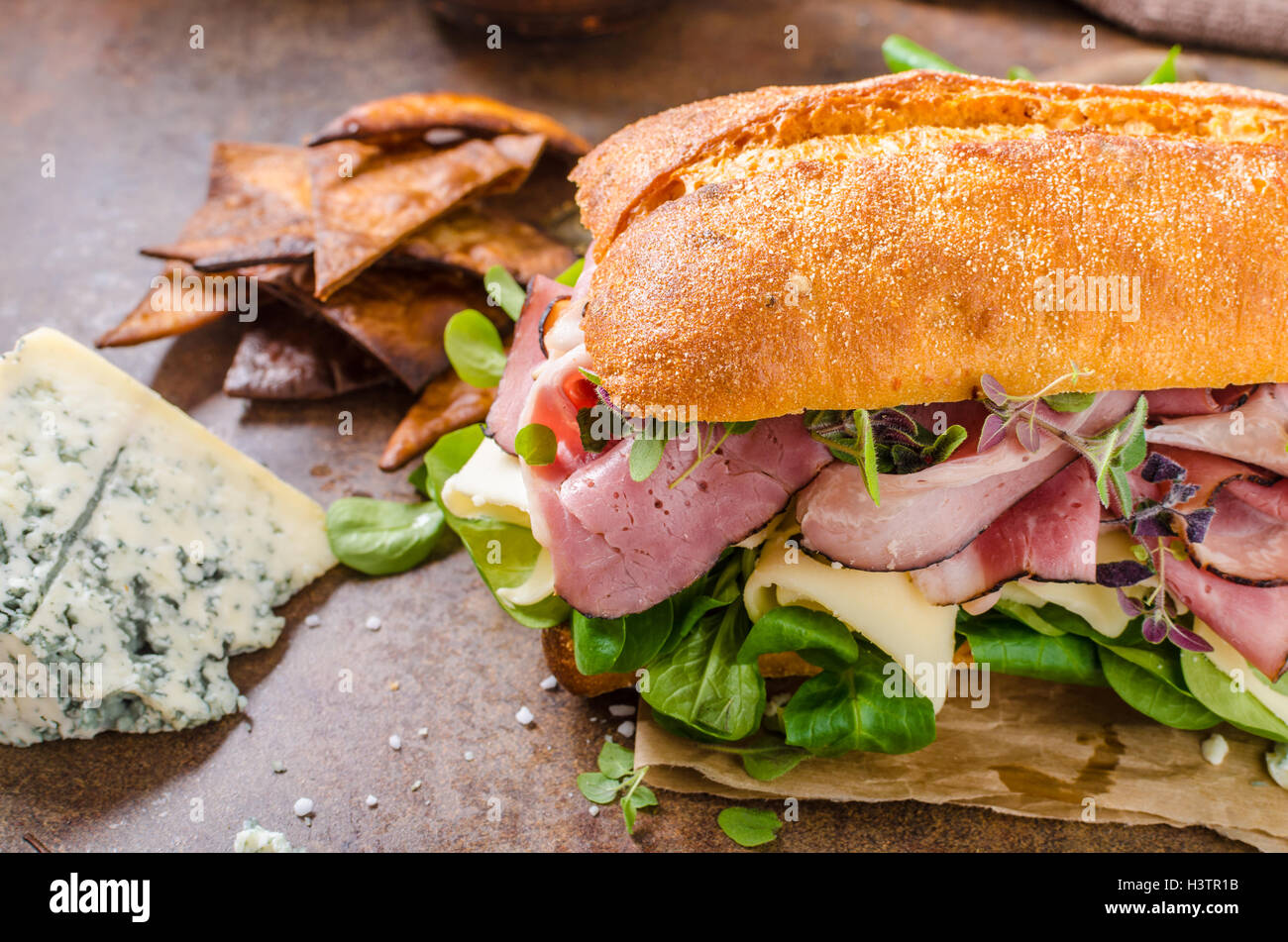 Sandwich with ham and cheese, lamb lettuce simple and delicious Stock ...