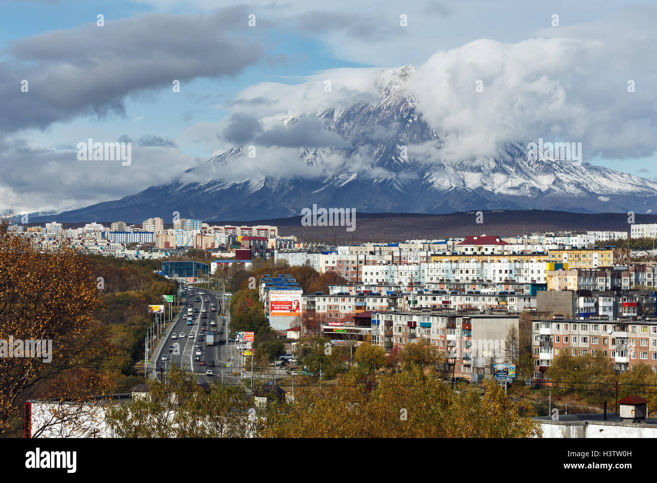 Kamchatka autumn view of Petropavlovsk-Kamchatsky City on background ...