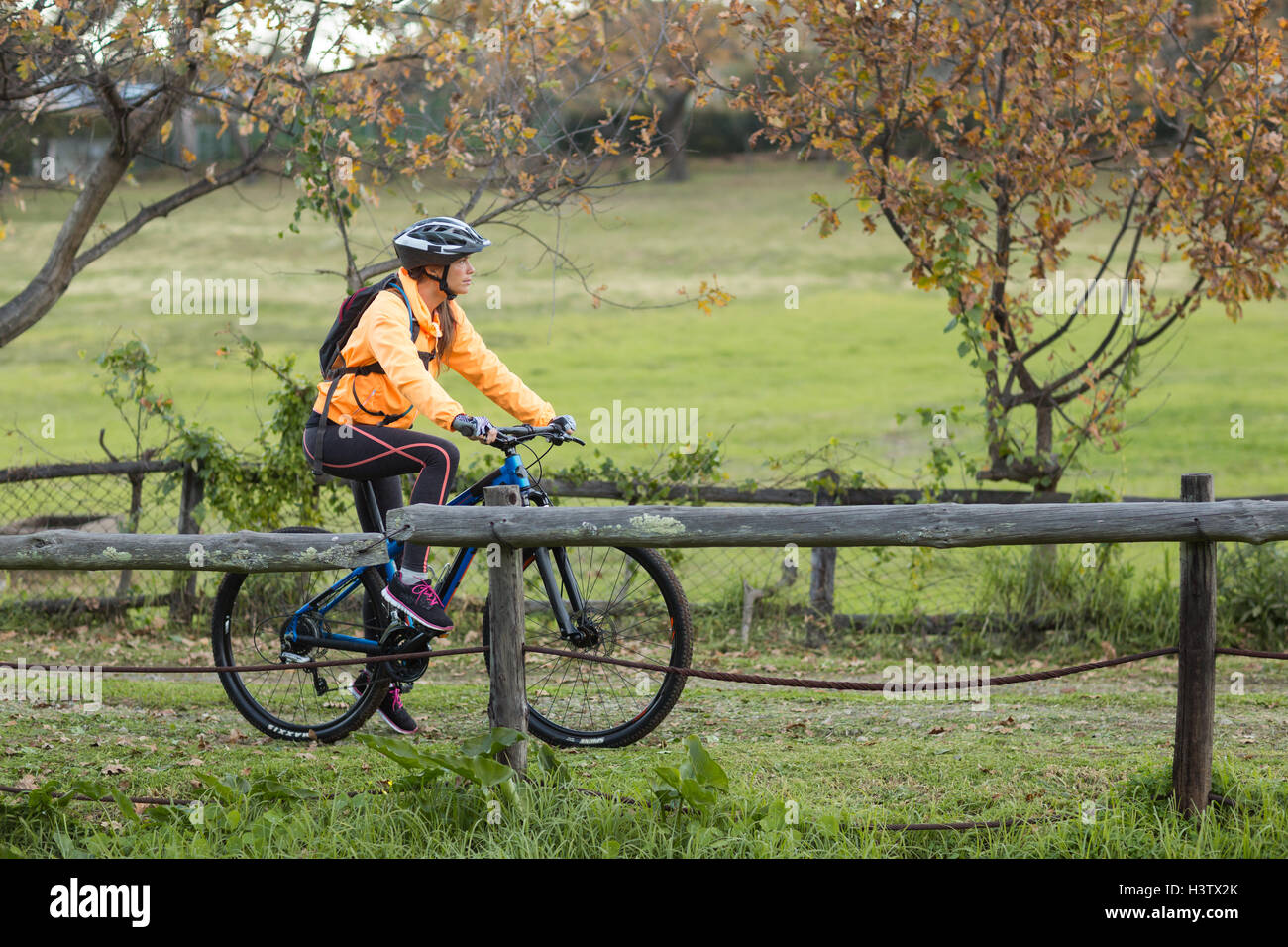Female biker cycling in countryside Stock Photo - Alamy
