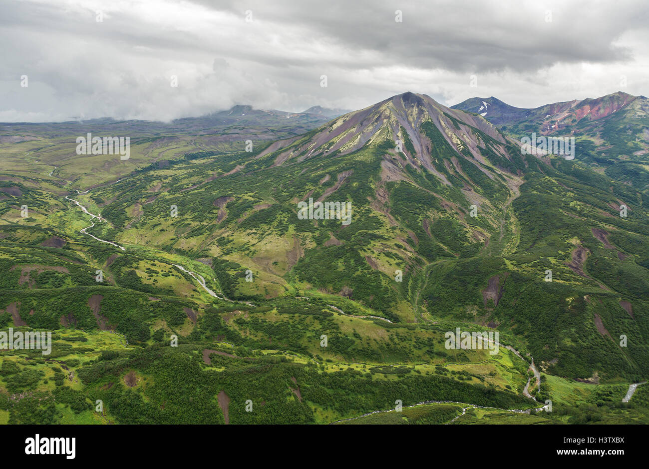 Kronotsky Nature Reserve on Kamchatka Peninsula. View from helicopter ...