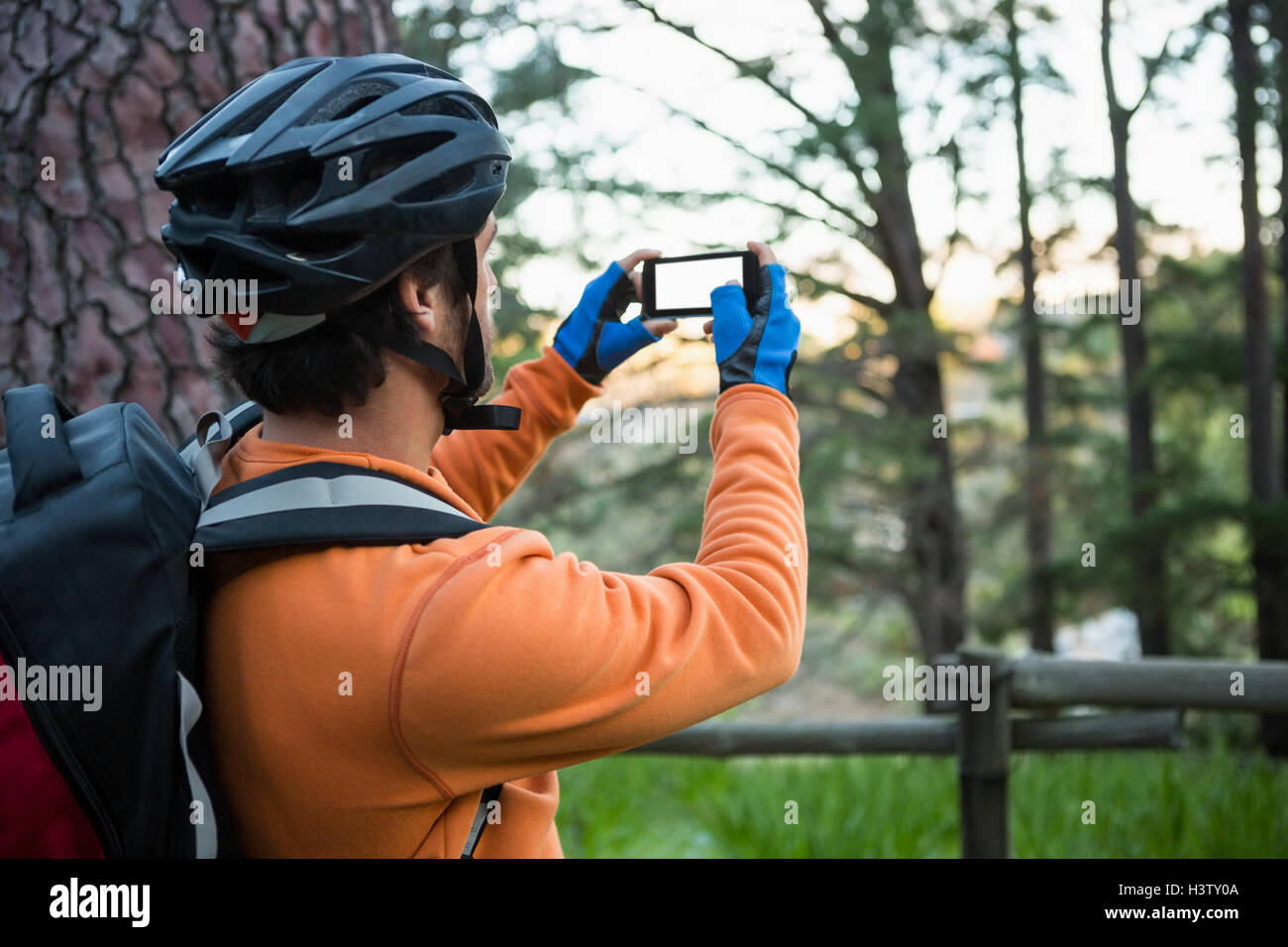Mountain biker using mobile phone Stock Photo - Alamy