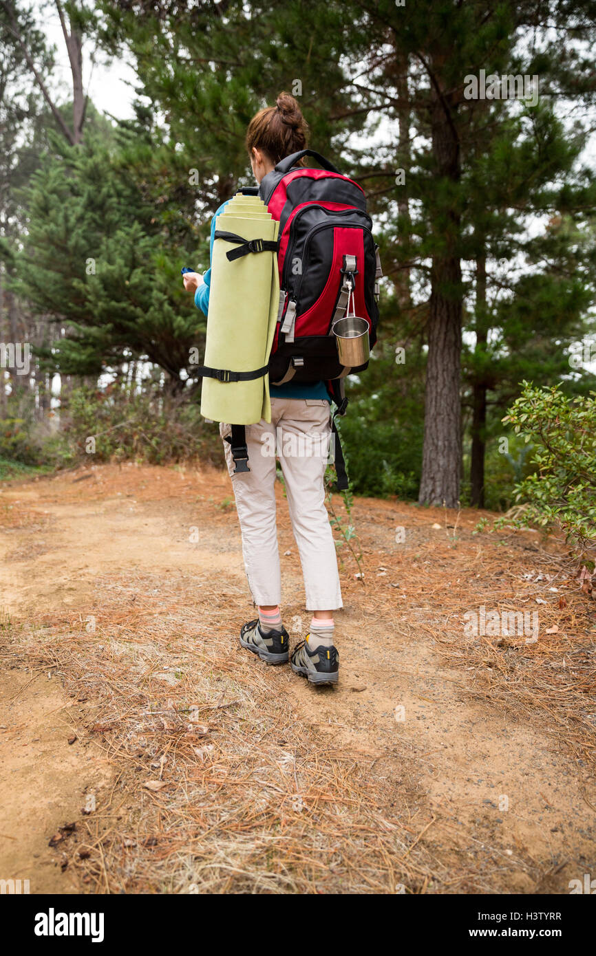 Female hiker walking in forest with backpack Stock Photo - Alamy