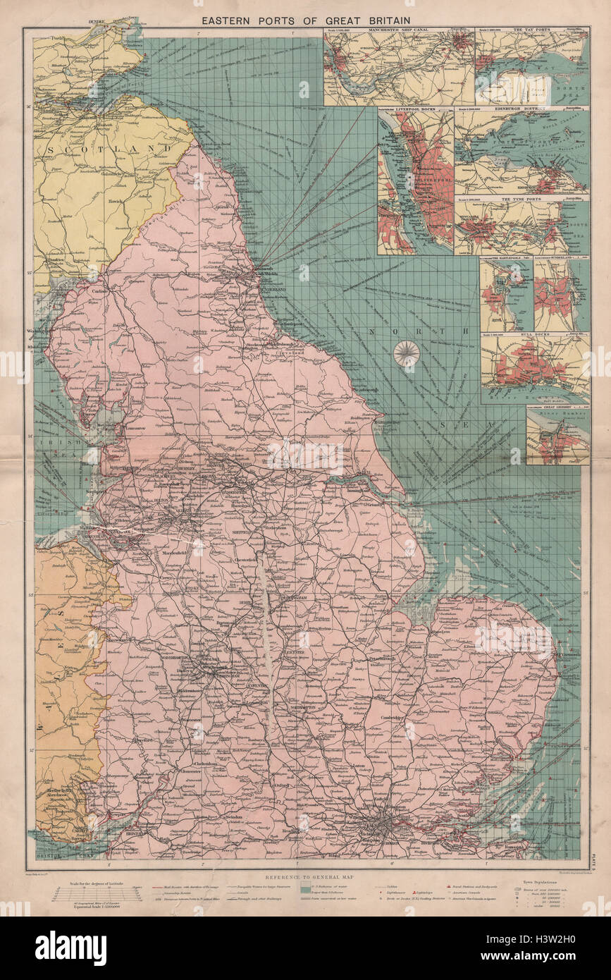 Great Britain east coast ports sea chart lighthouses mail routes LARGE ...