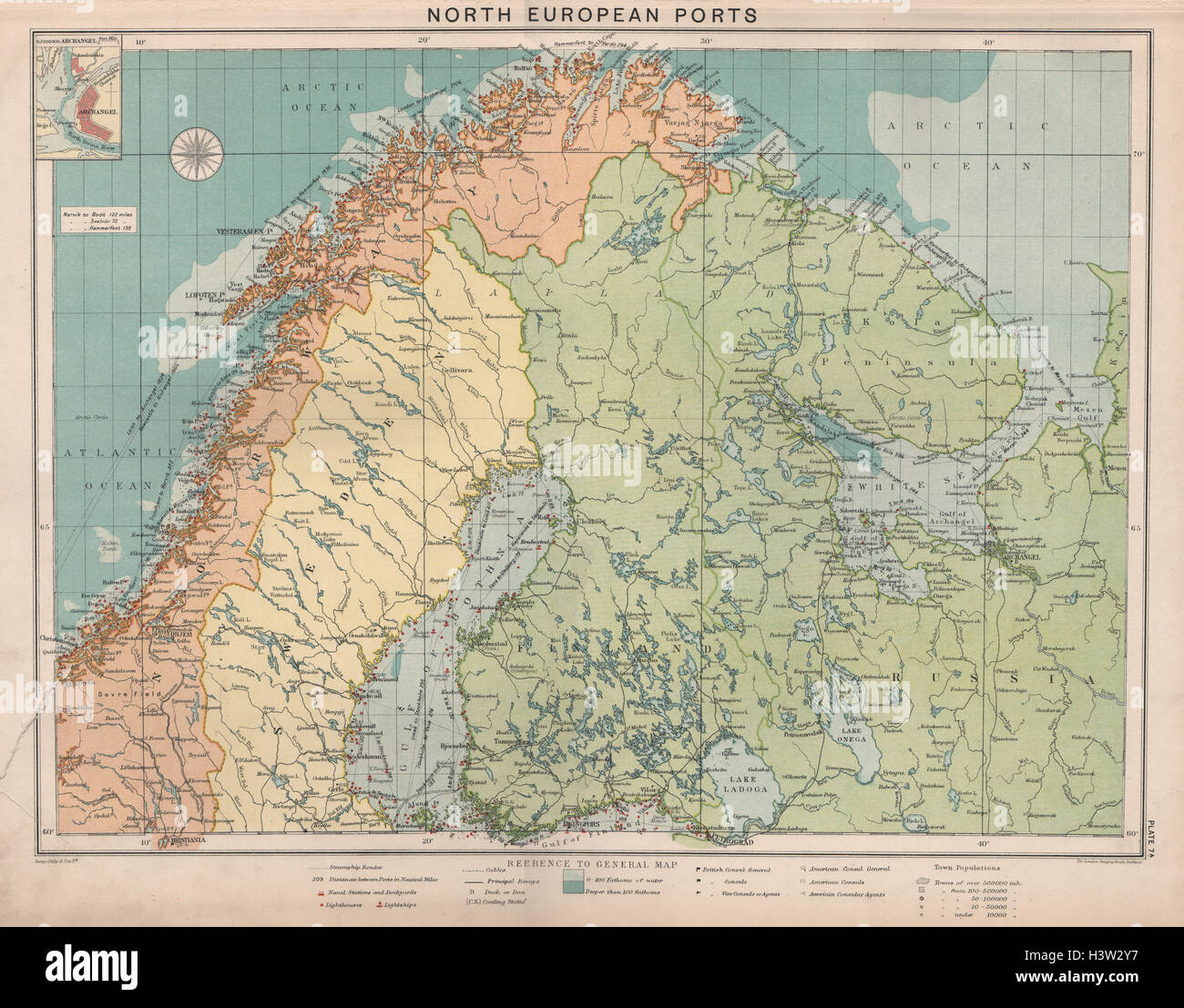 Scandinavia Russia sea chart. Ports lighthouses. Arctic Ocean Bothnia ...