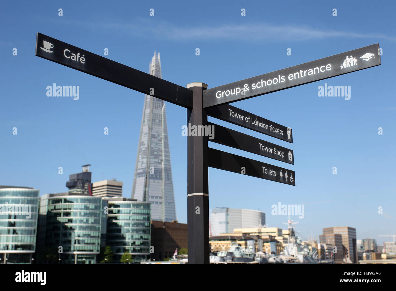 General views of the Shard through a London Signpost set against a ...