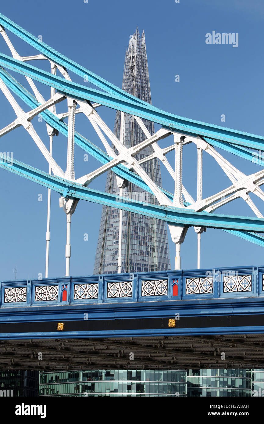 General views of the Shard through Tower Bridge in London set against a ...