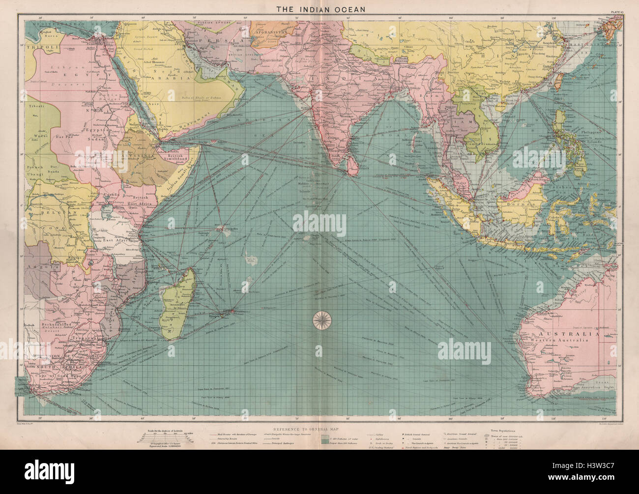 Indian Ocean sea chart. Ports lighthouses mail routes dockyards. LARGE ...