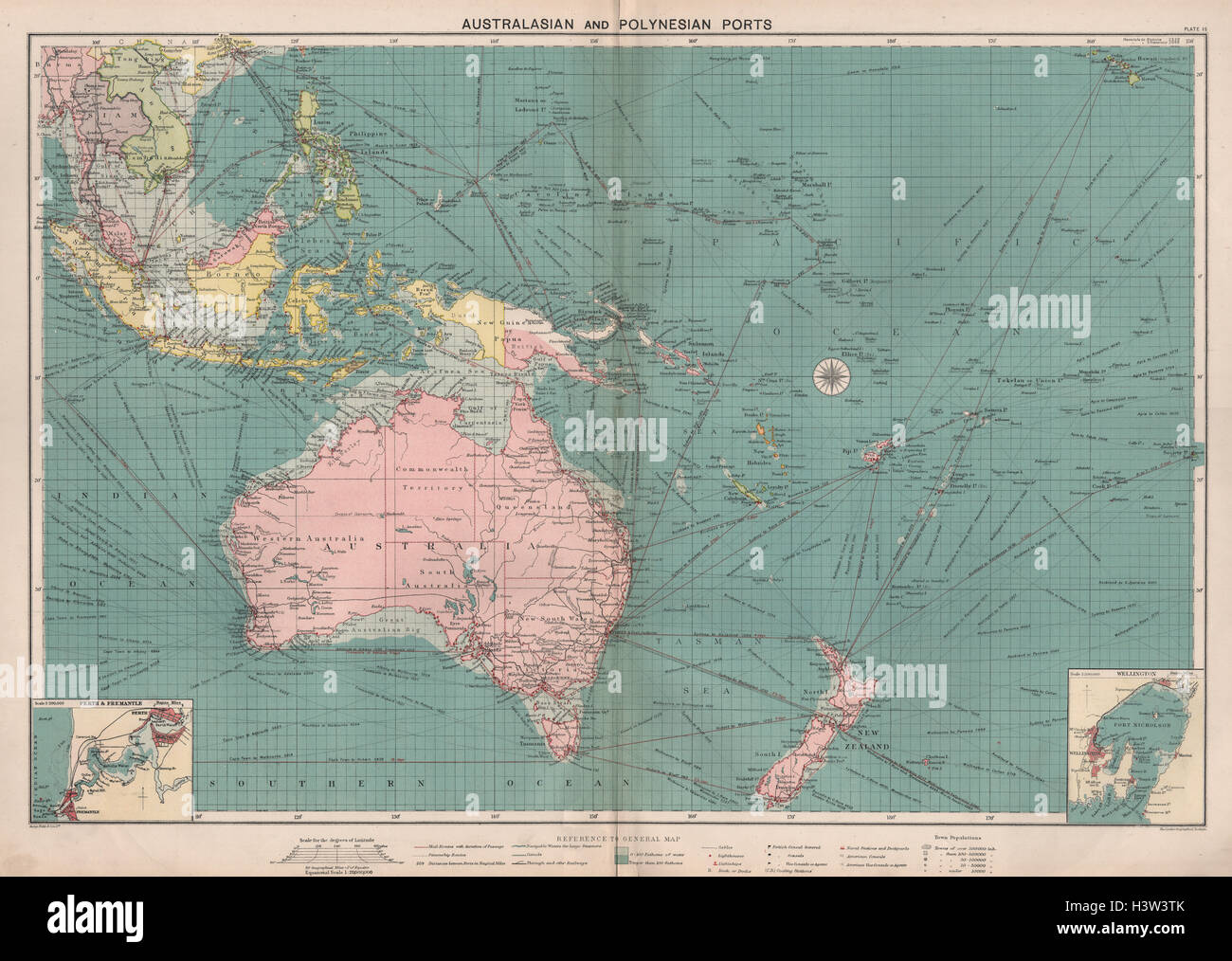 Australasian Polynesian Ports sea chart. lighthouses mail routes LARGE ...