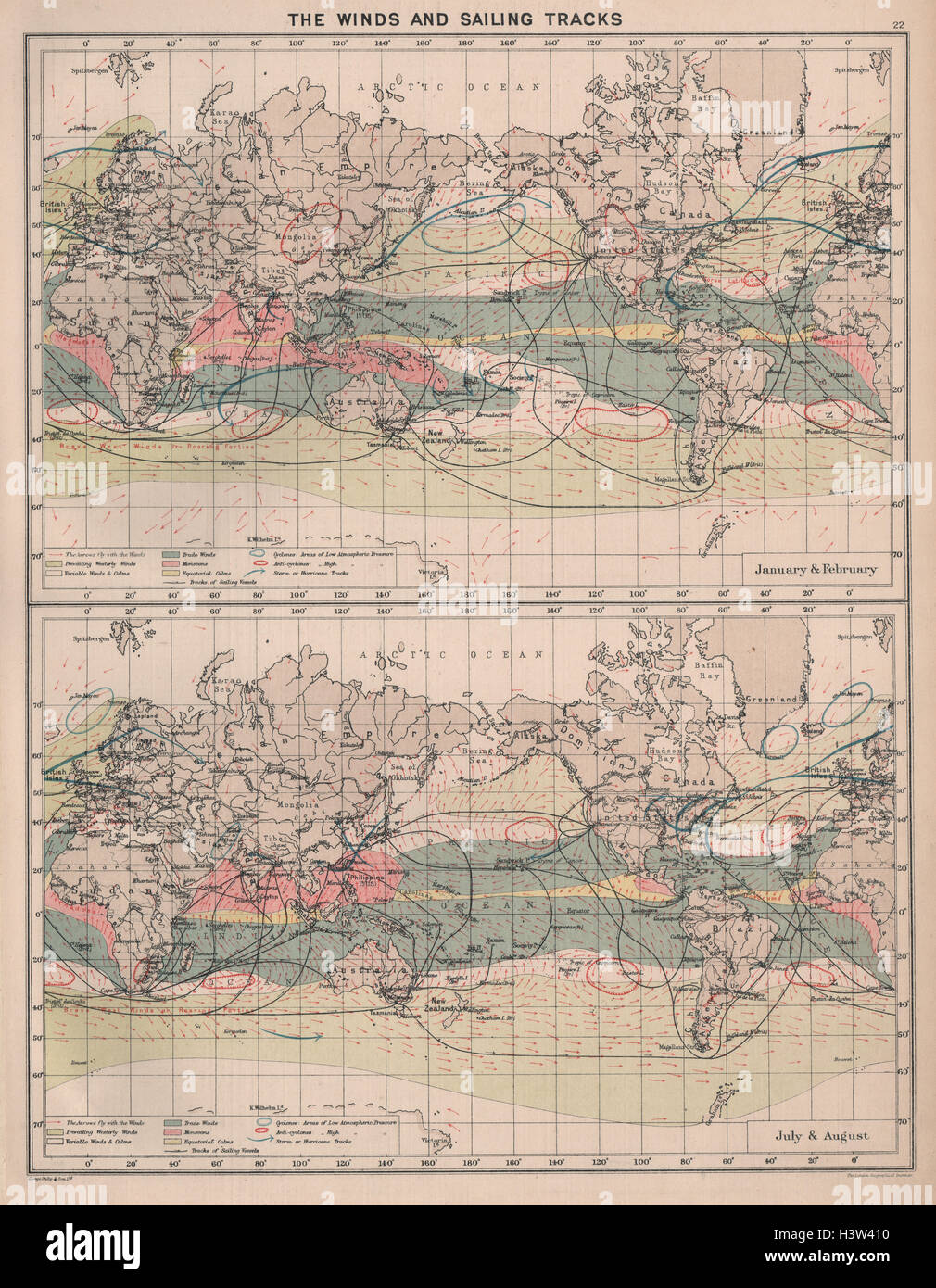 World ocean trade winds & sailing ship routes. Jan/Feb & July/Aug c1914 ...