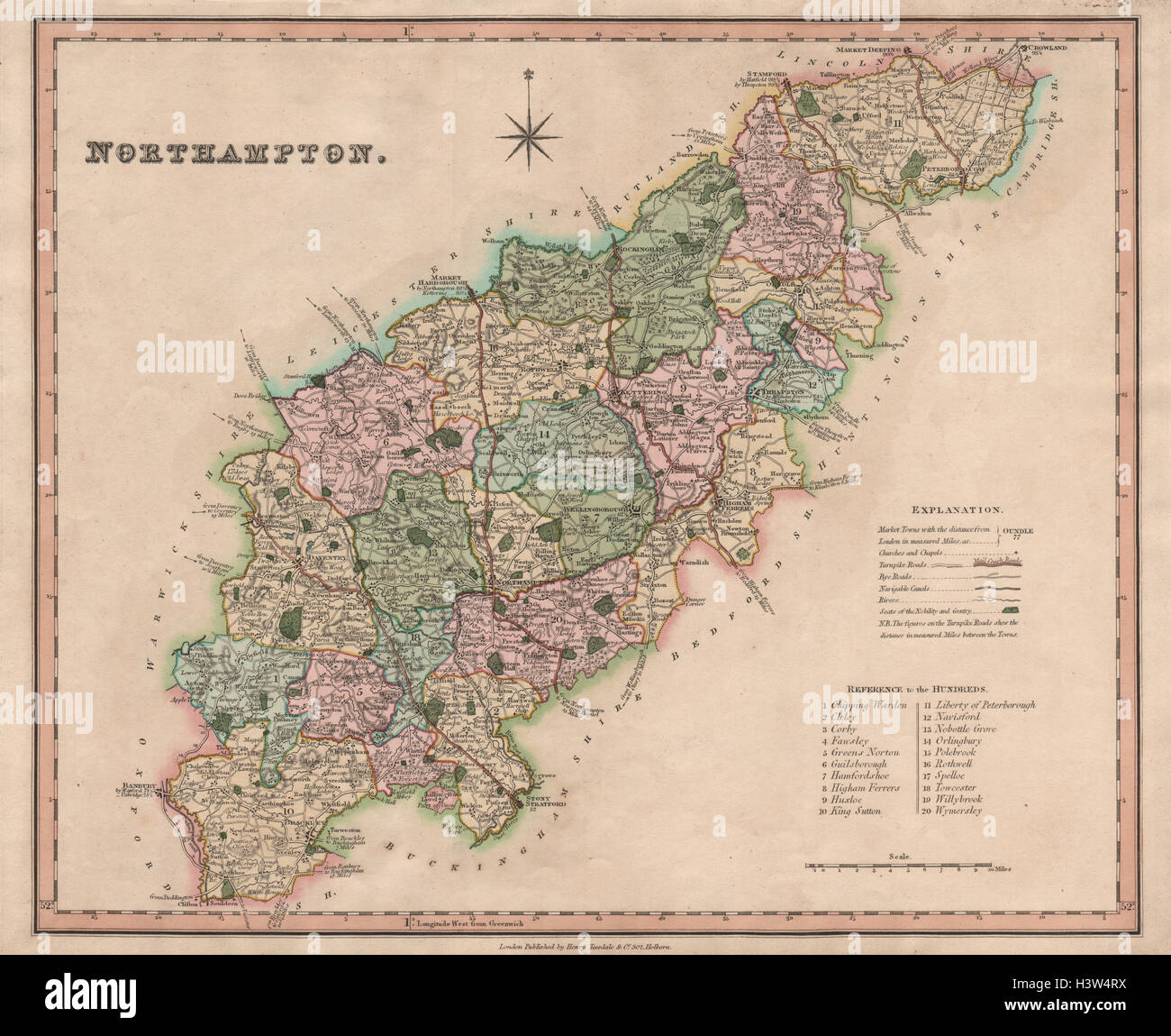 Antique county map of Northamptonshire by Henry Teesdale. 'Northampton ...