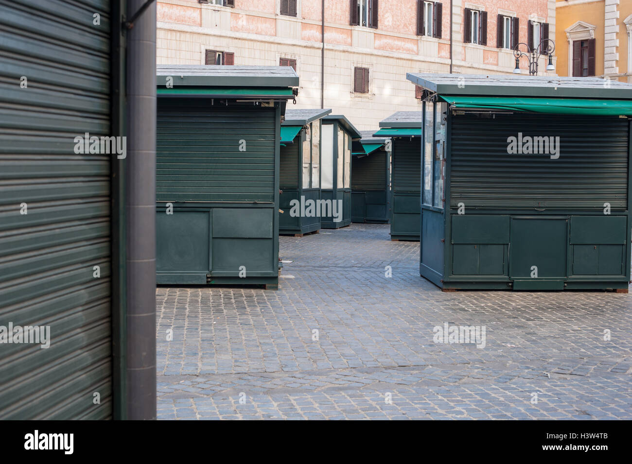 Different closed stall shops in the urban place and street, concept of ...