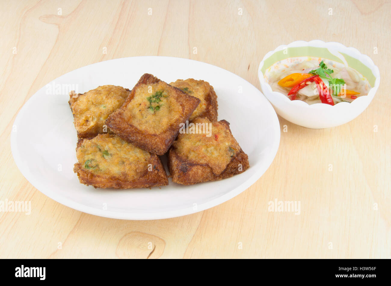 Fried bread with minced pork spread (Thai food appetizer Stock Photo ...