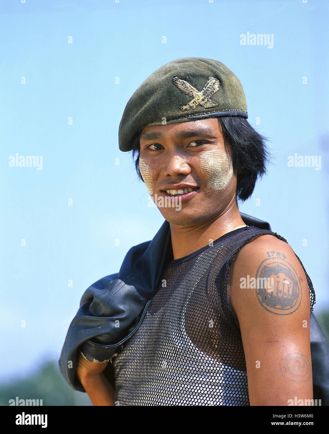 Burma, soldier, painting, tattoo, half portrait, outside, Asia, Burma ...