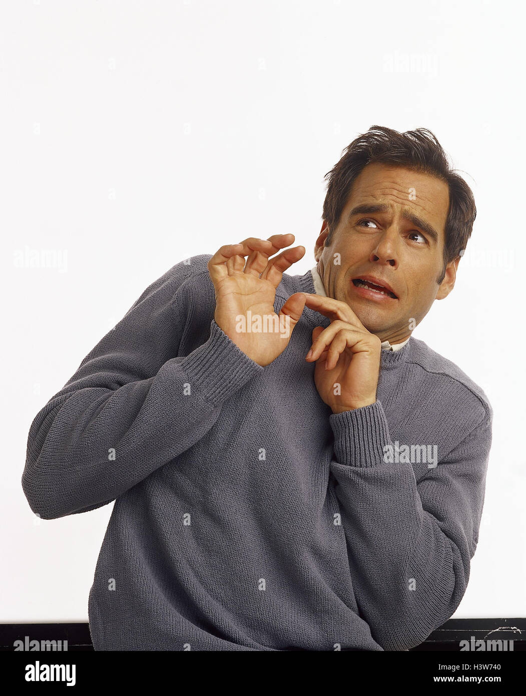 Man, hairs, darkly, pullover, grey, gesture, anxiously, intimidates ...