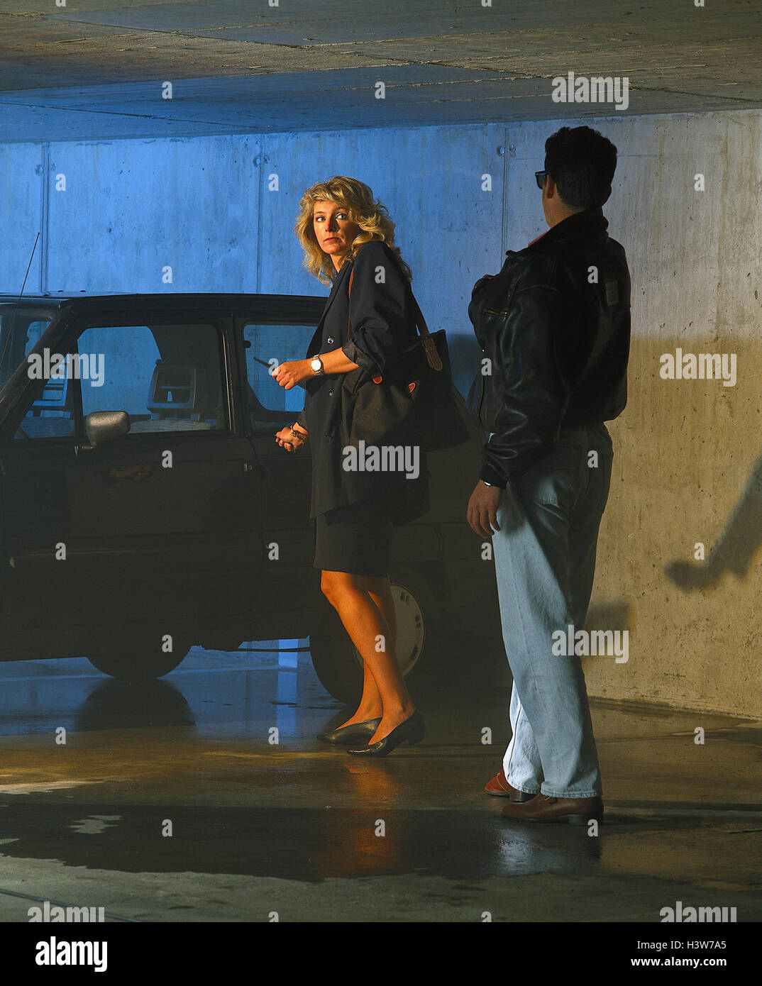 Fear situation, woman, underground parking, man, pursuit, threat ...