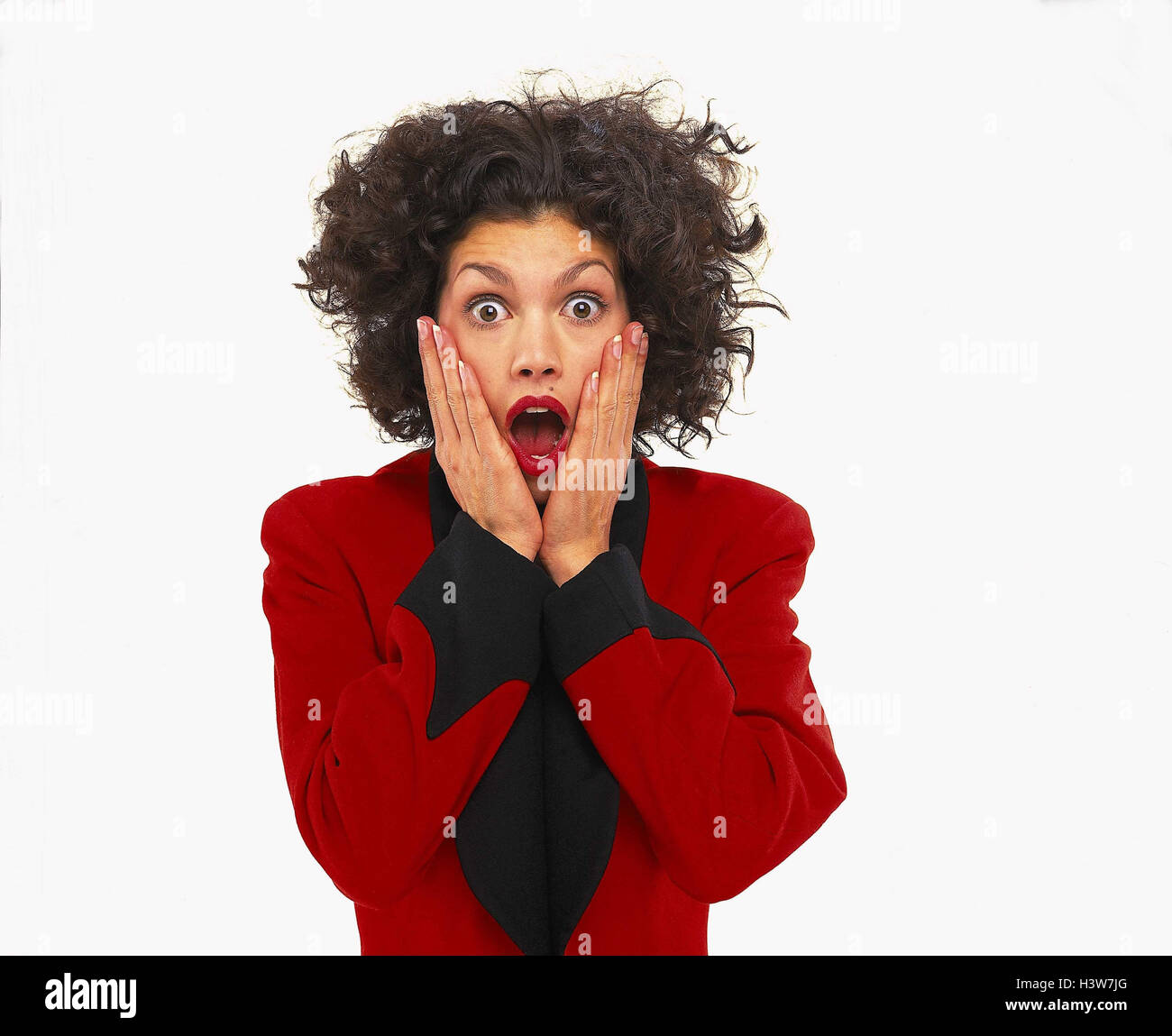 Woman, young, brunette, curls, blazers, gesture, surprise, terror ...