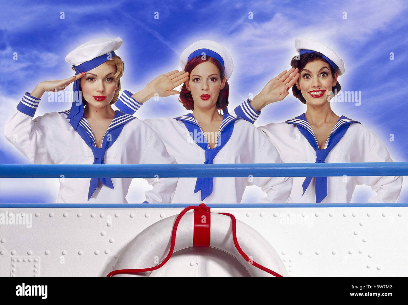 Ship, rail, women, three, young, sailor suits, gesture, salute, greet ...