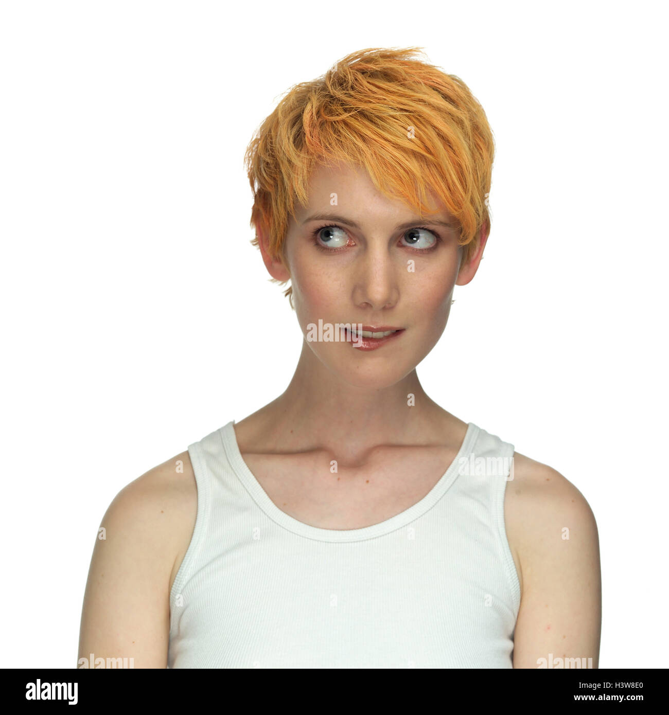 Woman, young, vest, facial play, lay, portrait model released studio ...