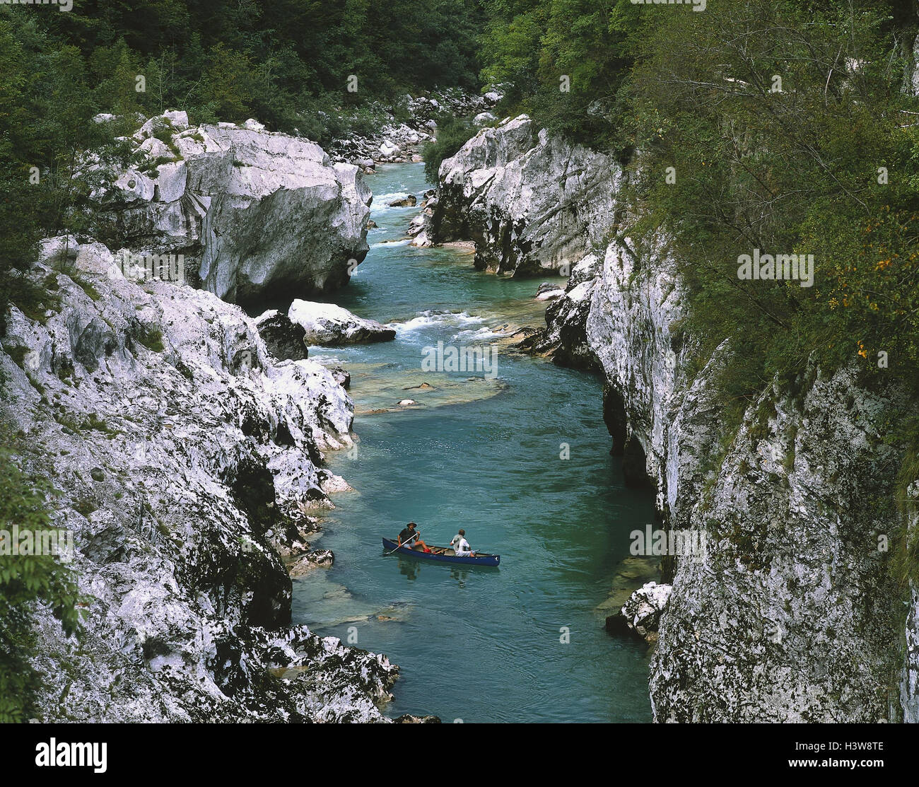 Slovenia, Soca, close Kobarid, river, men, canoe, Europe, Julische alps ...