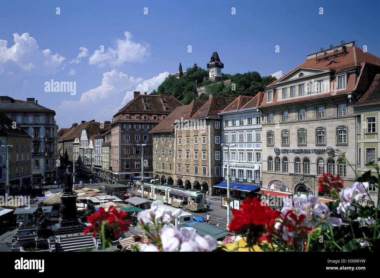 Austria, Styria, Graz, town view, main square, clock tower, town ...