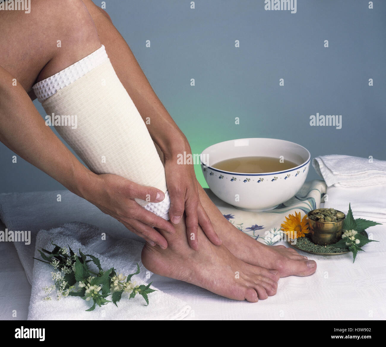 Woman, detail, bone, leg compress, bowl, herbal decoction, medicinal ...