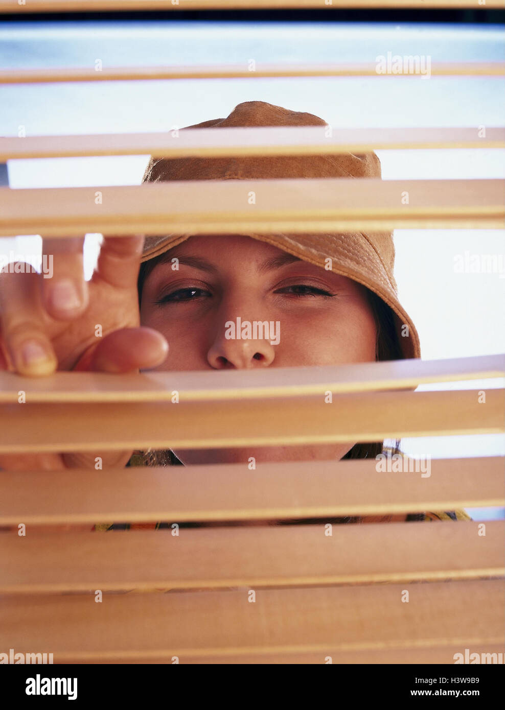 Windows, woman, care, curiously, Venetian blind, see through, detail ...