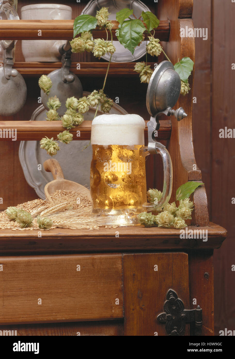 Quiet life, culinary buffet, beer mug, hop, grain, still life, material ...
