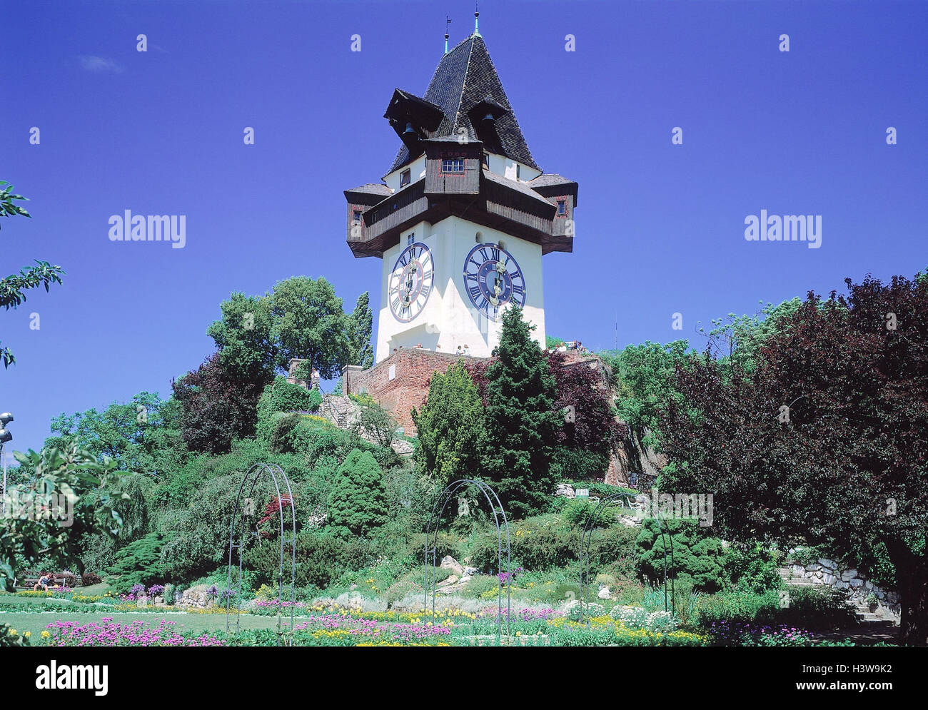 Austria, Styria, Graz, clock tower, outside, garden, park, park ...