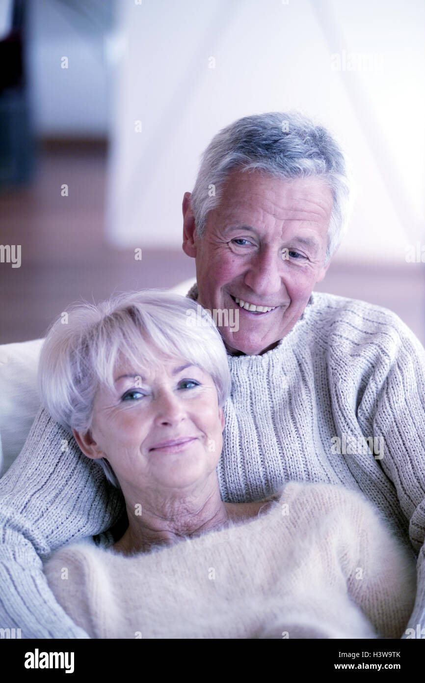 Sofa, Senior couple, recreation, embrace, happy, couple, 60 - 65 years ...