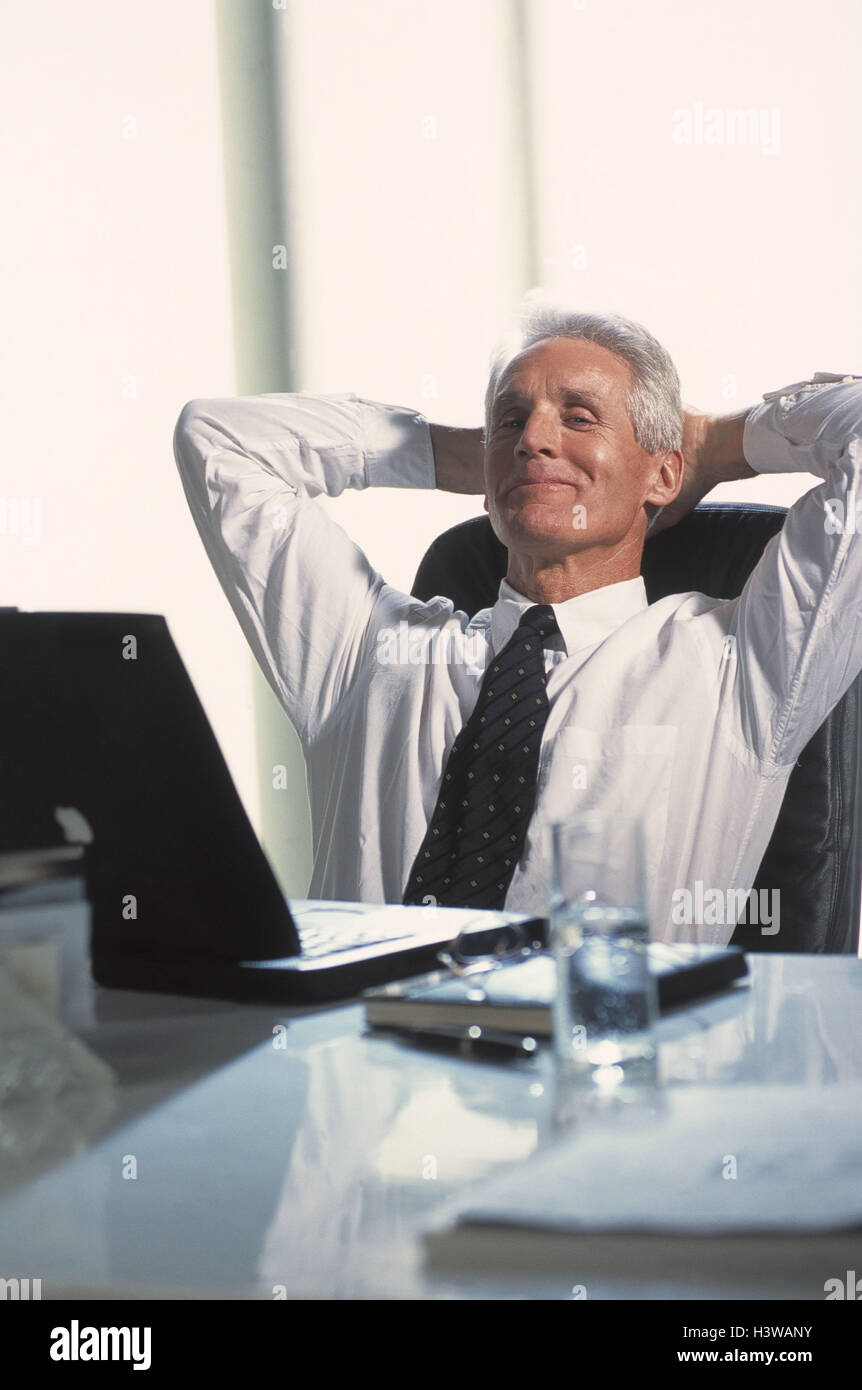 Office, businessman, leant back, half portrait, desk, workplace, man ...